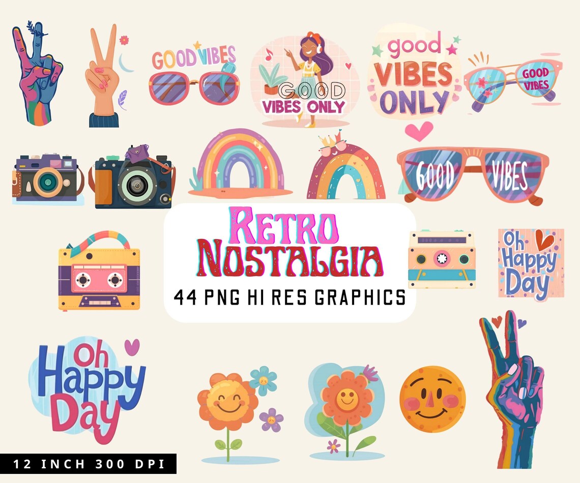 Retro Clipart, Groovy Clipart, Roller Skates Clipart, Smile Boho ...