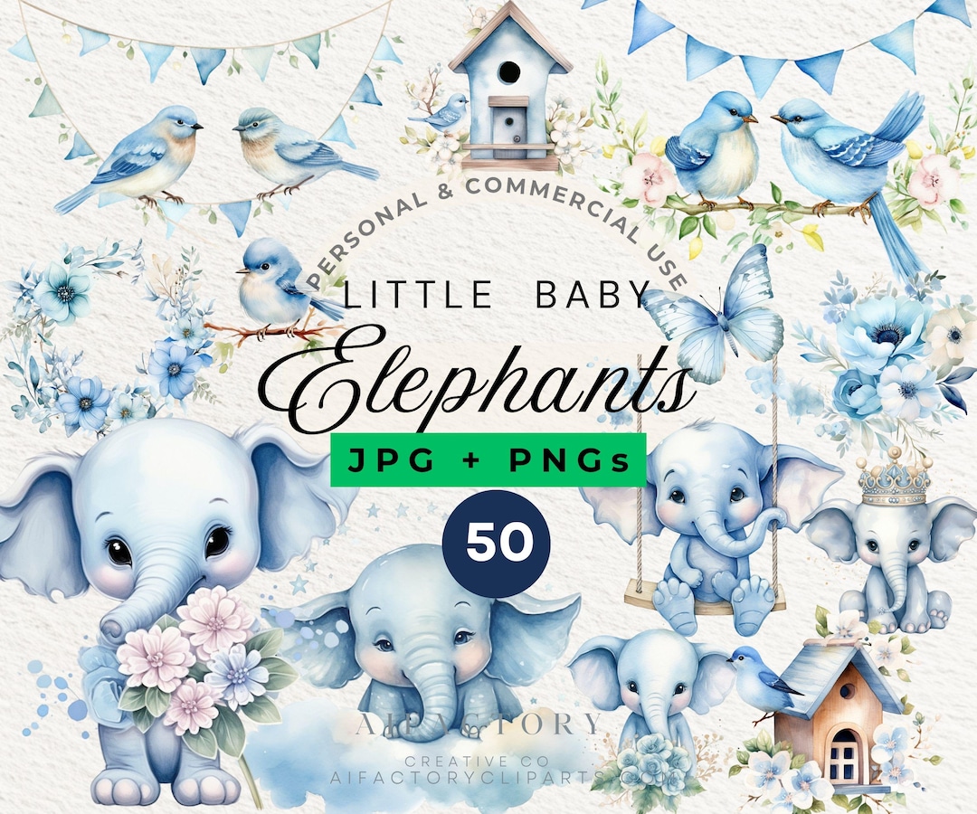 Little Elephant Watercolor Clipart , Baby Elephant, Balloons PNG, Cute ...