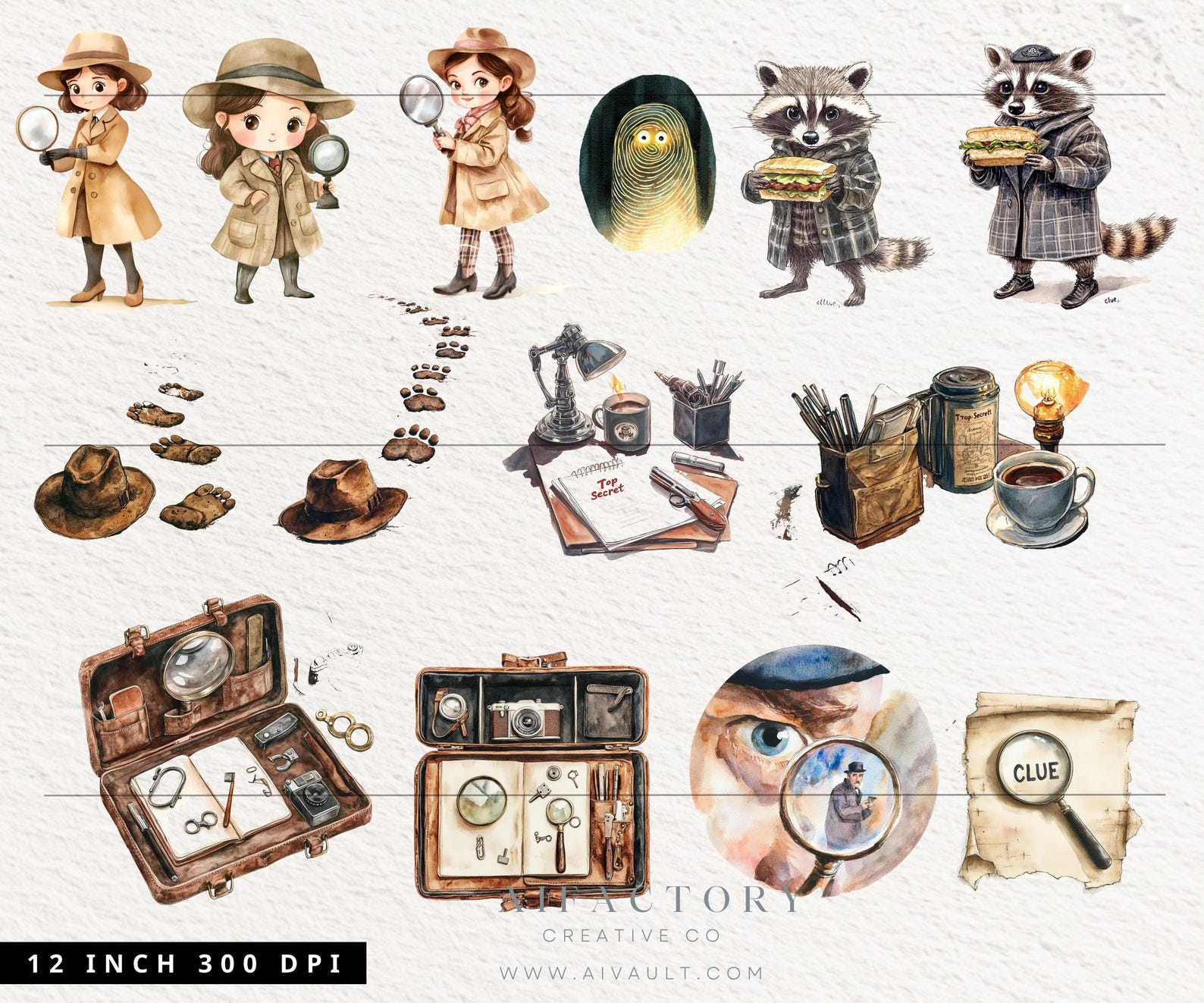 Watercolor Clipart Detective, Spy Clipart, Secret Agent Clipart, Job ...