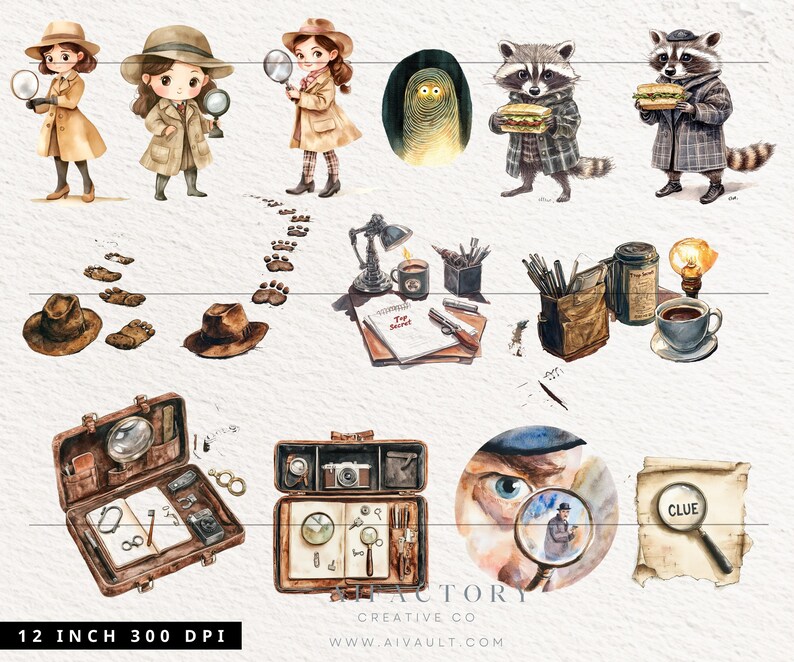Watercolor Clipart Detective, Spy Clipart, Secret Agent Clipart, Job ...