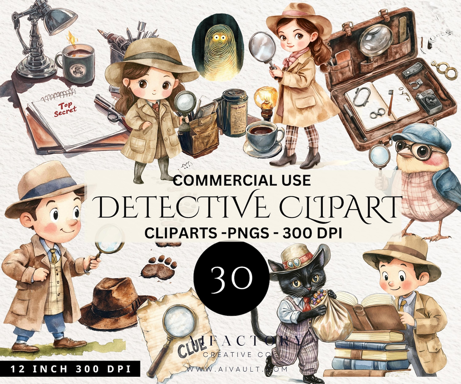 Watercolor Clipart Detective, Spy Clipart, Secret Agent Clipart, Job ...