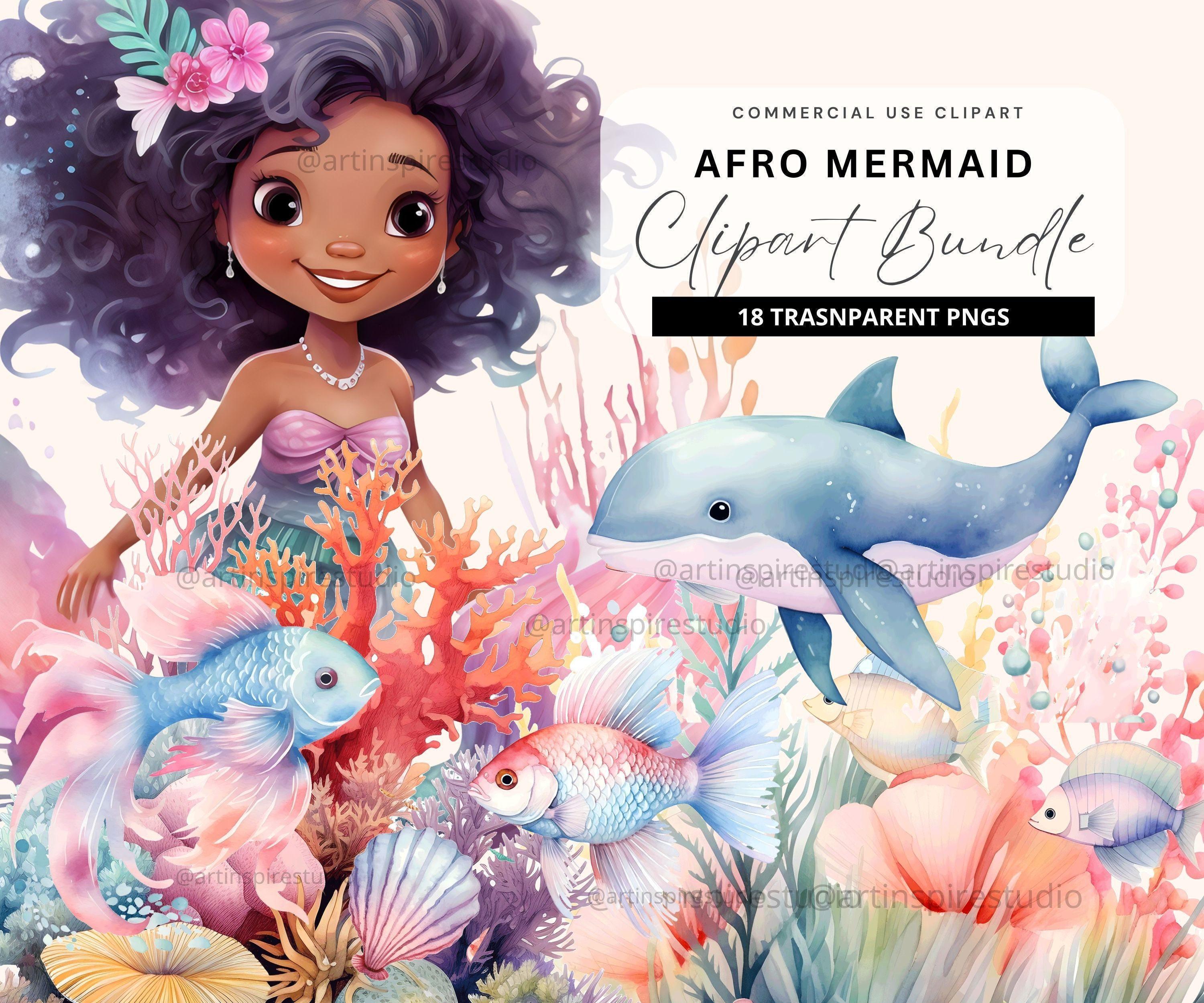 Afro Mermaid Clipart Pastel Under the Sea Clipart African Watercolour ...