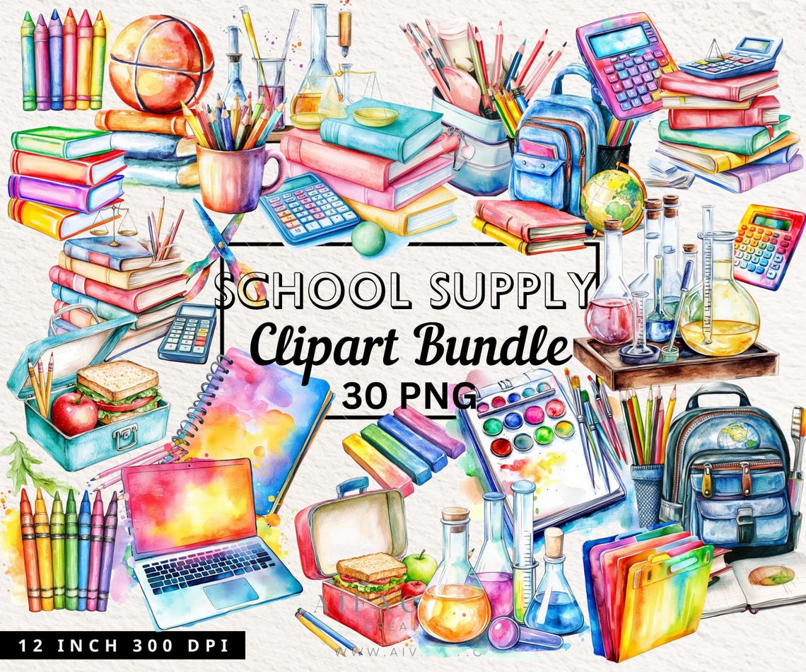 School Supply Clipart Watercolor, Teacher School, Classroom, Study Clip ...