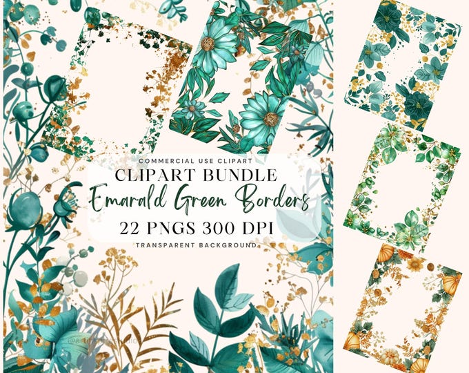 Teal Green Flower Border Clipart, Watercolor Green Floral PNG, Flower ...