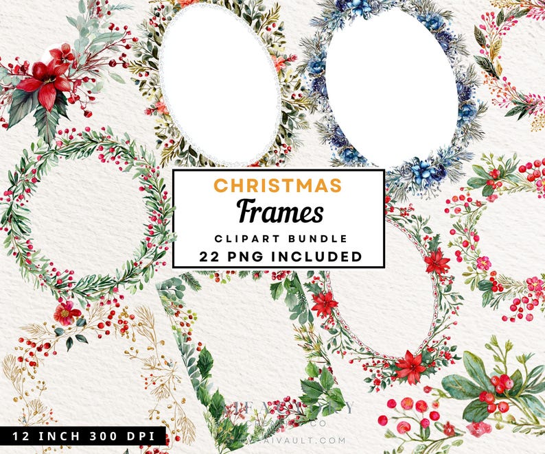 22 Watercolor Botanical Christmas Borders Clipart Wreath Frame Border ...