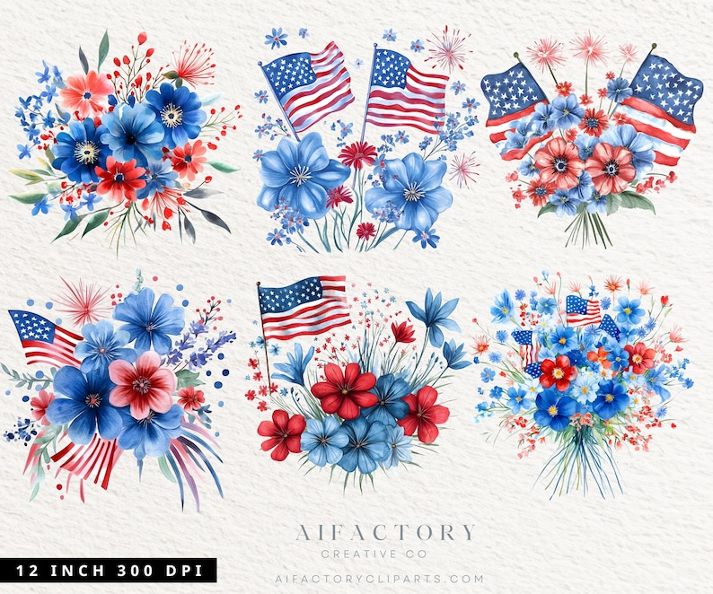 4th of July Clipart, Flowers PNG, Watercolor Floral Bouquet Clipart ...