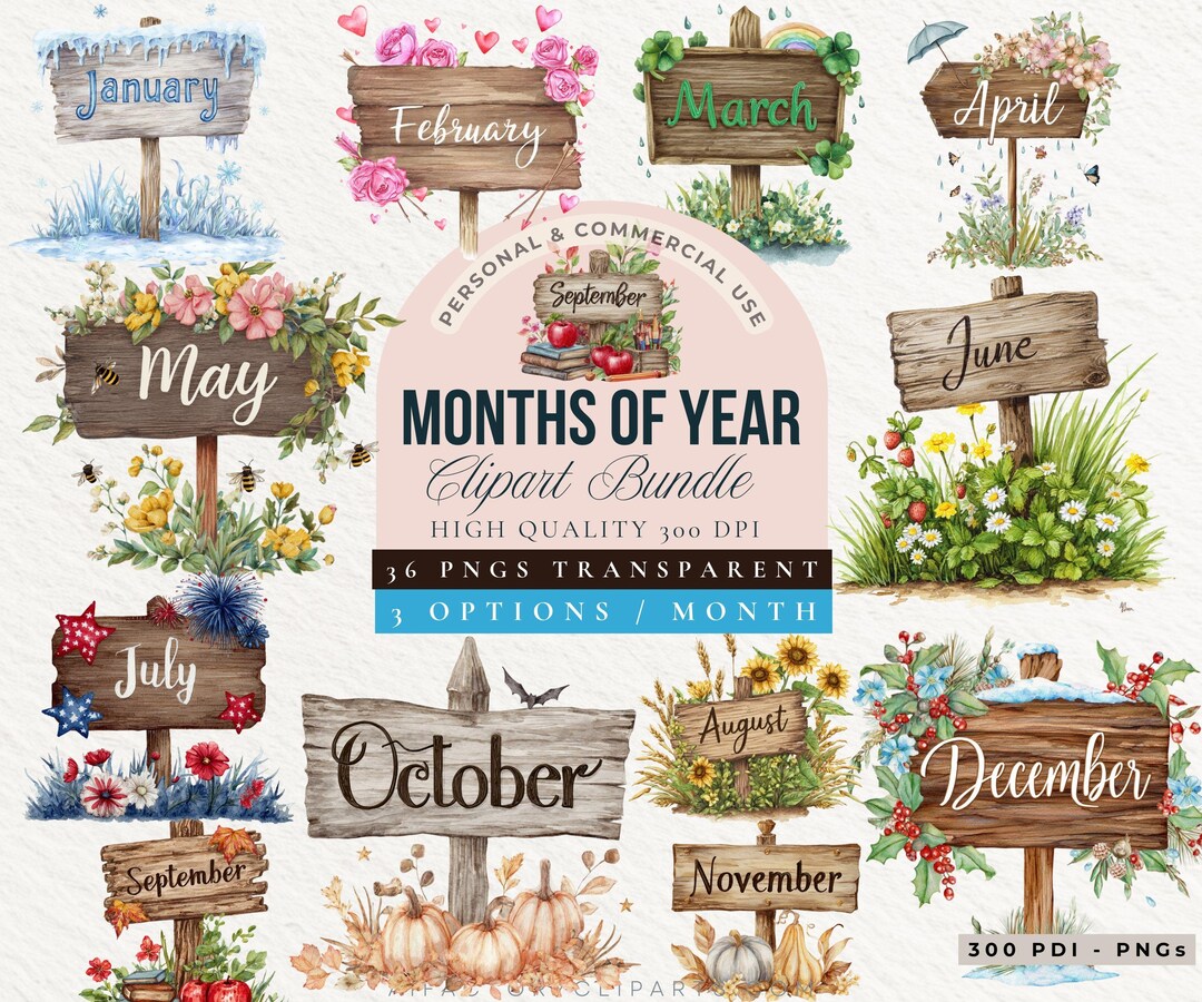 Months of the Year Watercolor Clipart Set, Wooden Sign Months of Year ...