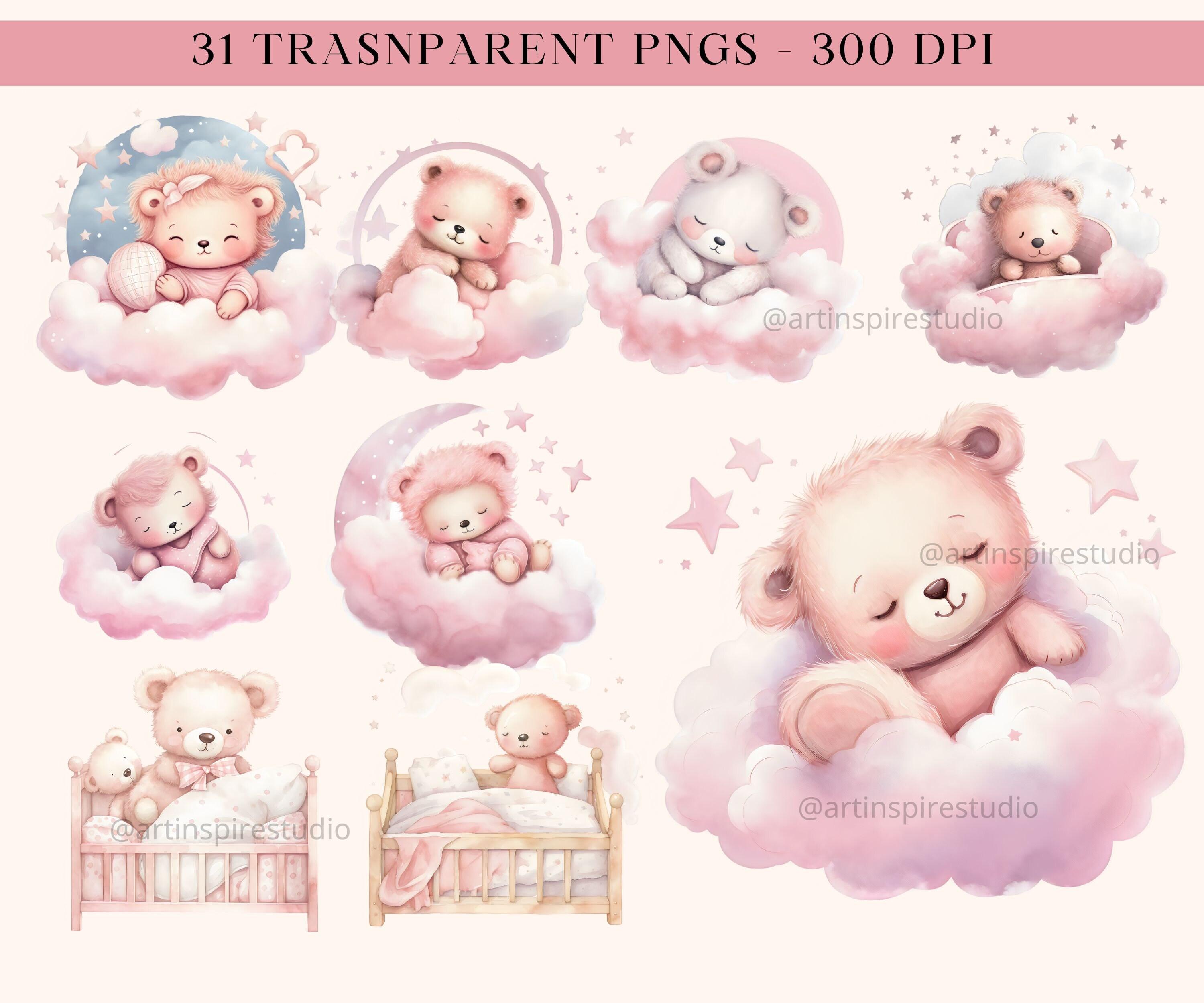 Watercolor Sleepy Teddy Bear Clipart, Baby Shower Clip Art, Cute Pink ...