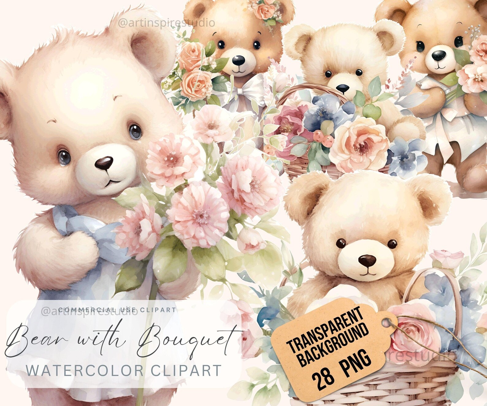 28 Watercolor Teddy Bear Clip Art Bundle Clipart Pack Boho Teddy Bear ...
