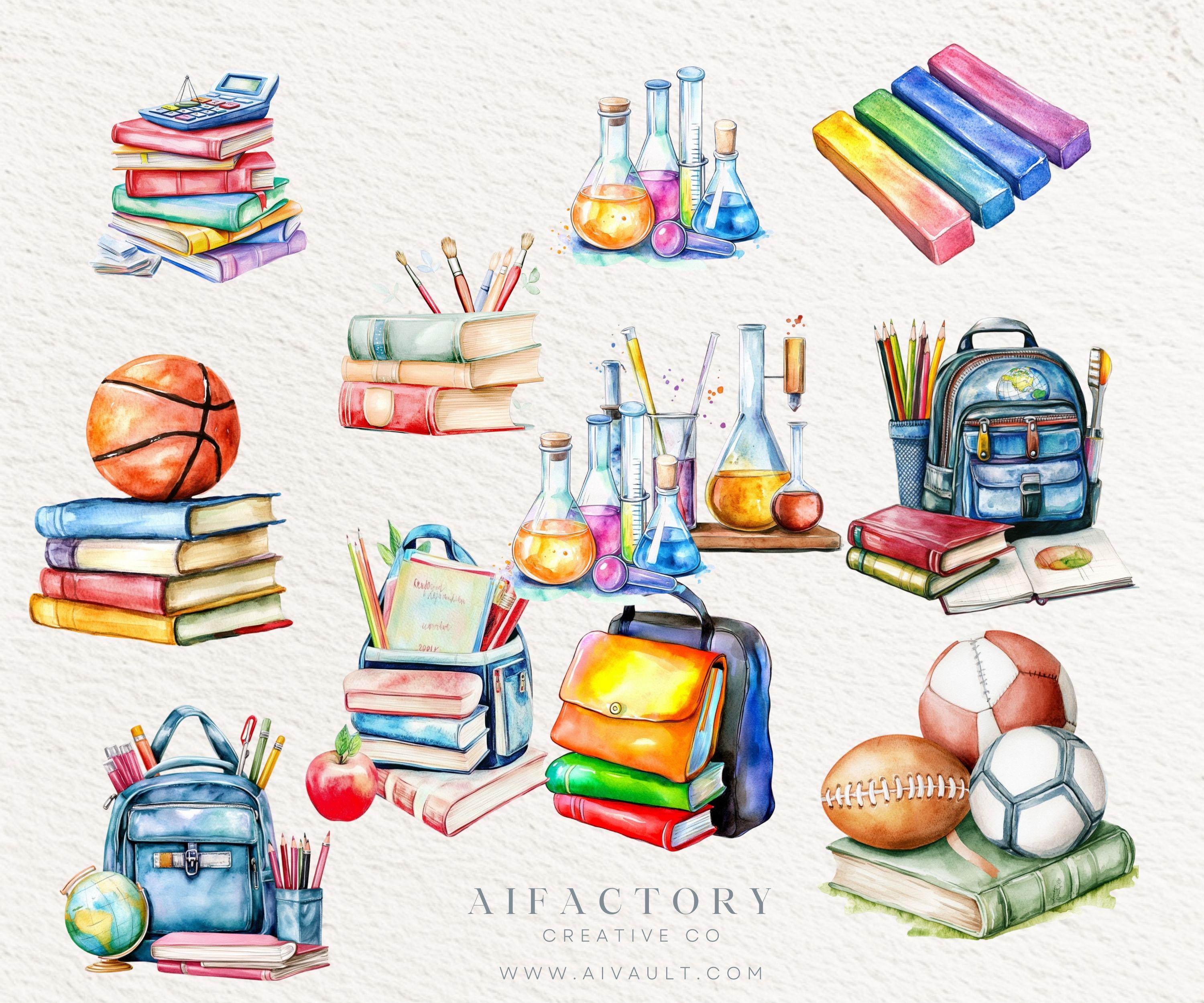 School Supply Clipart Watercolor, Teacher School, Classroom, Study Clip ...
