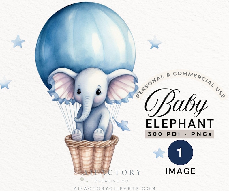 Blue Baby Elephant Watercolor Clipart, Cute Hot Air Balloon Elephant ...
