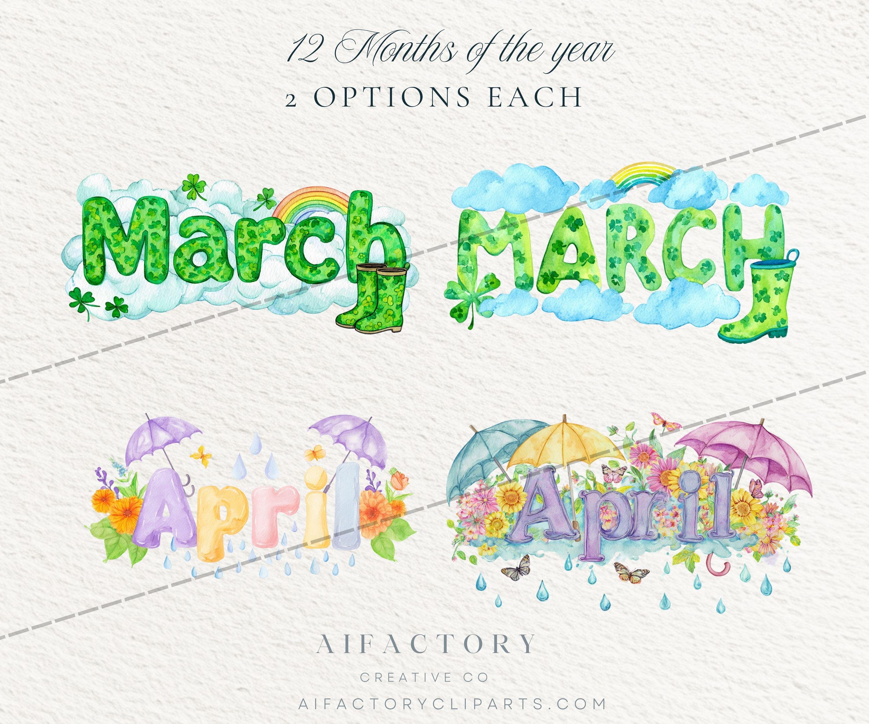 Months of the Year Watercolor Clipart PNG Bundle, Months of Year PNG ...