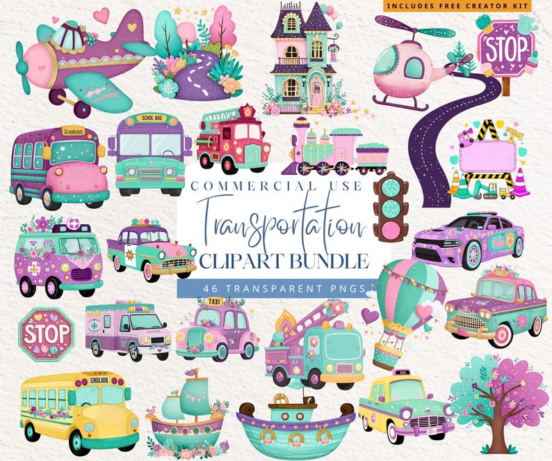 City Transportation Clipart Public Vehicle Clip Art Bundle Watercolor ...