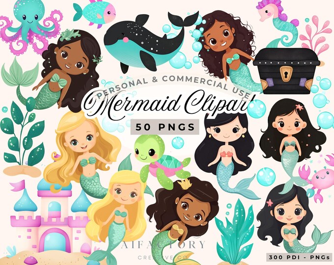 Cute Mermaid Clipart, Sea Animals Clipart, Under the Sea, Fairy Tale ...