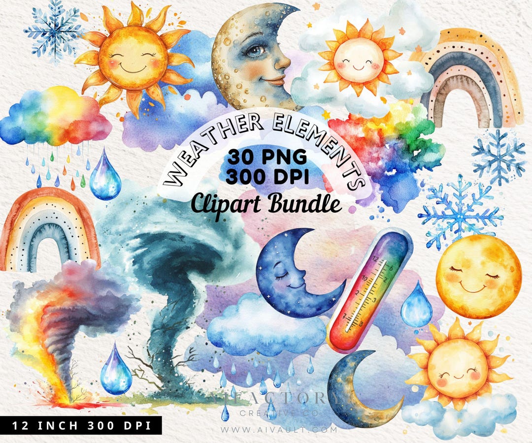 Watercolor Weather Clipart, Clouds Clipart, Rain, Tornado, Thermometer ...