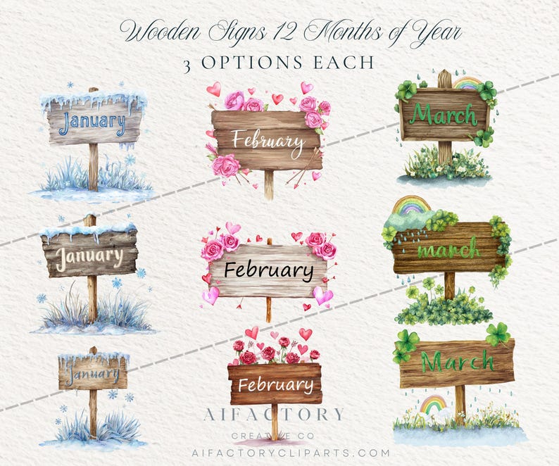 Months of the Year Watercolor Clipart Set, Wooden Sign Months of Year ...