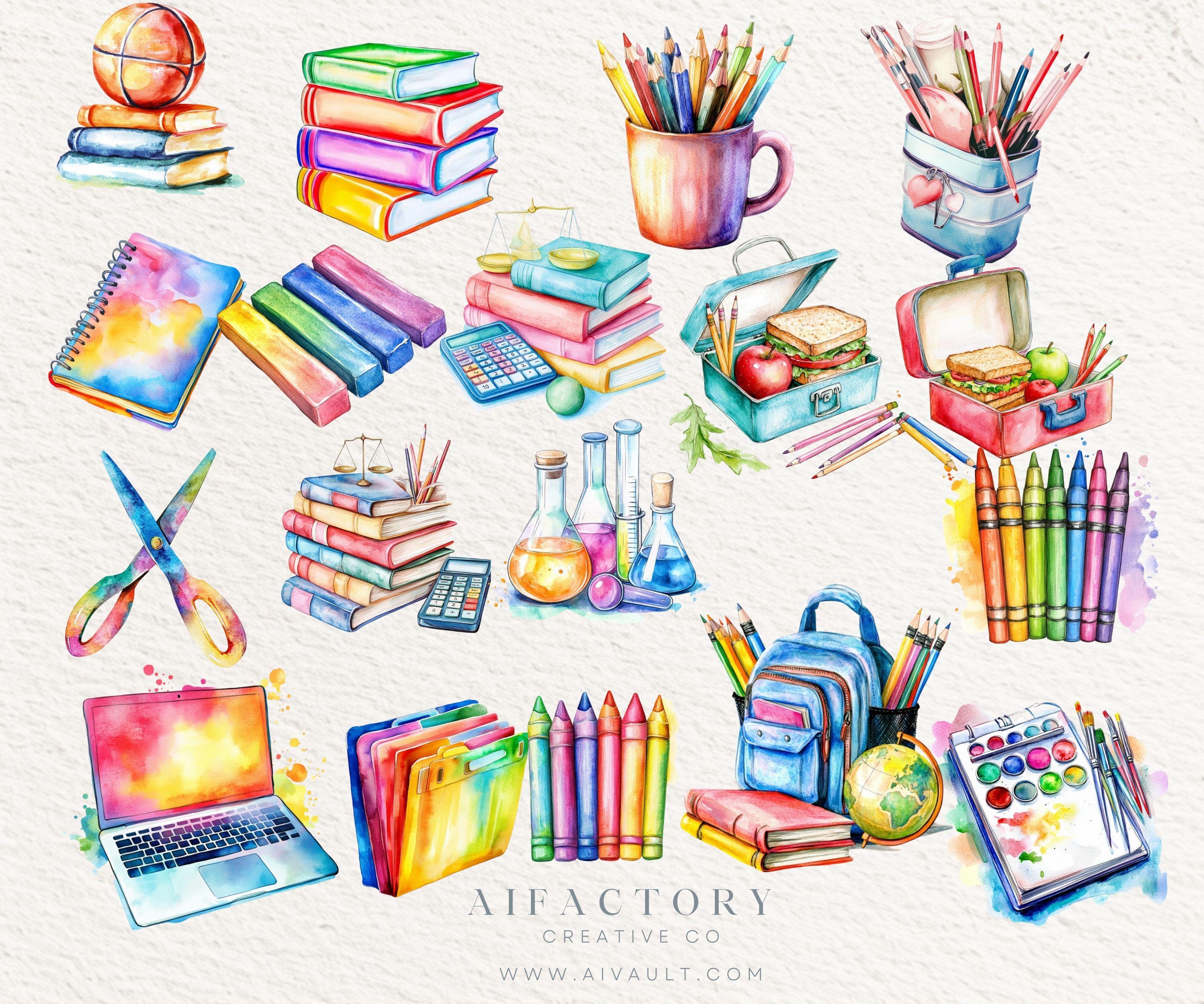 School Supply Clipart Watercolor, Teacher School, Classroom, Study Clip ...