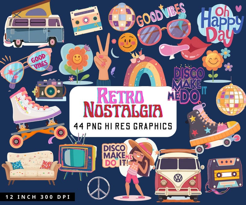 Retro Clipart, Groovy Clipart, Roller Skates Clipart, Smile Boho ...