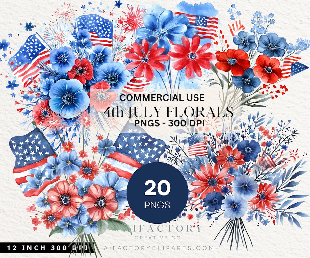 4th of July Clipart, Flowers PNG, Watercolor Floral Bouquet Clipart ...