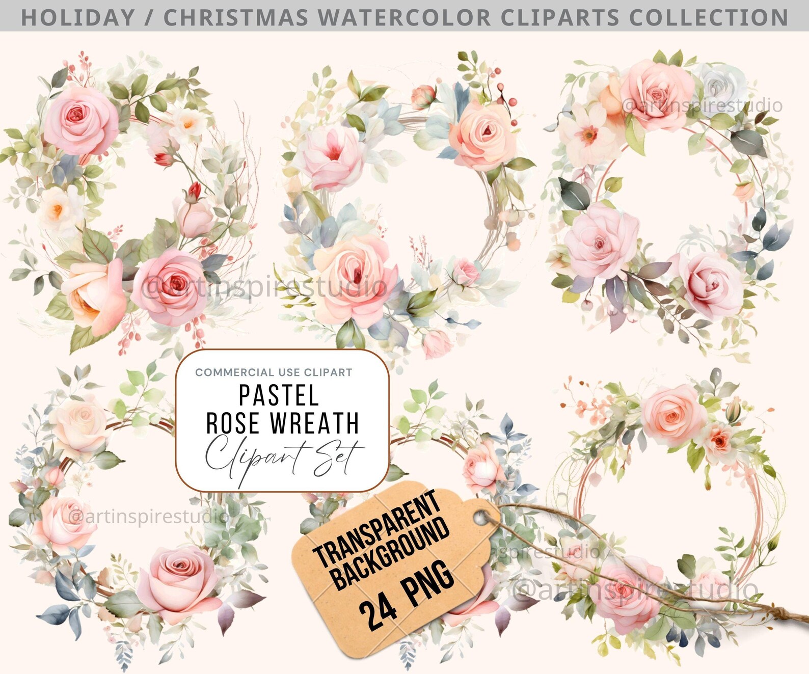 Clipart Watercolor Wreath Bundle, Roses Pink Floral Wreaths Clipart ...