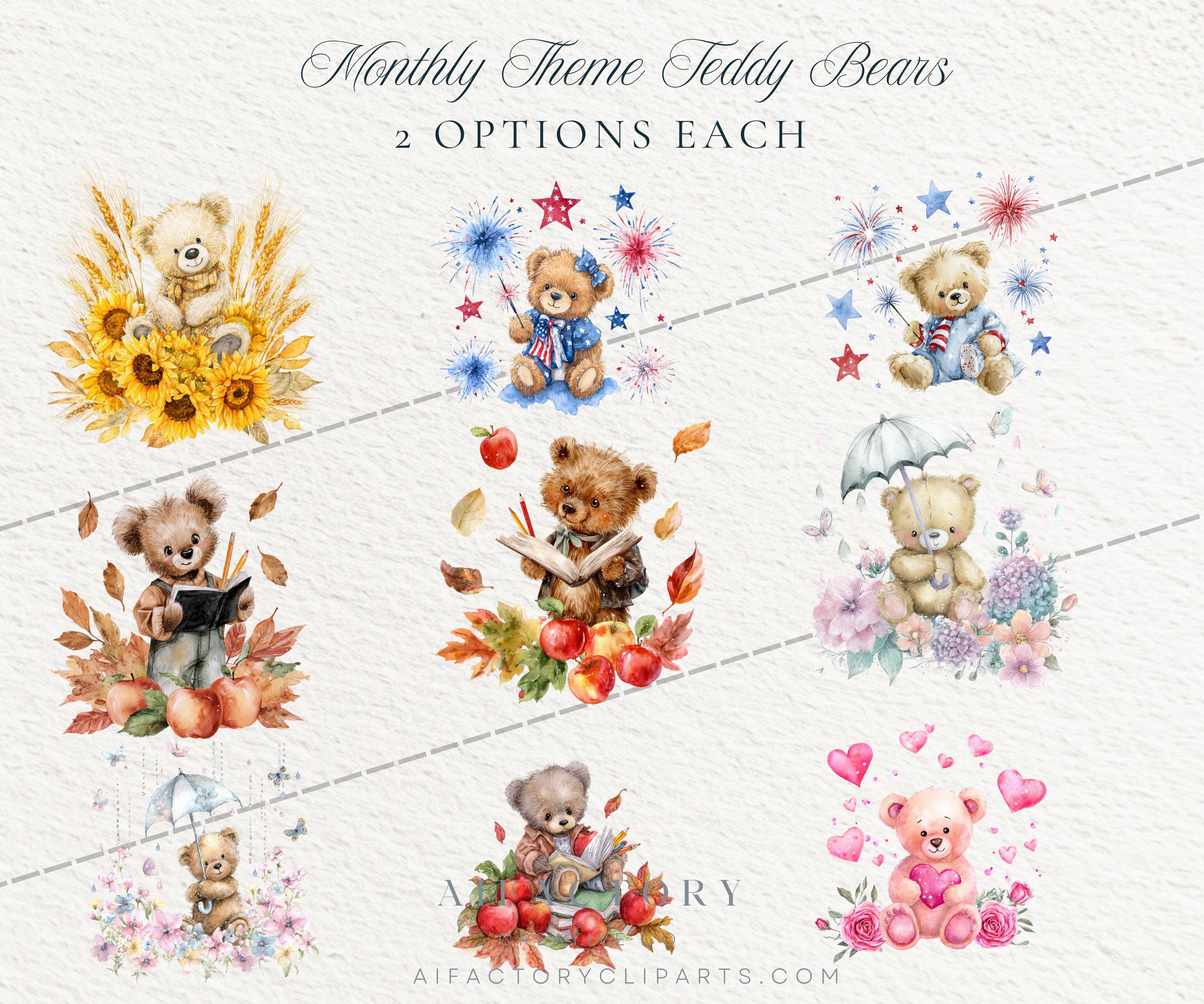 Months of the Year Watercolor Clipart Set, Teddy Bear Months of Year ...