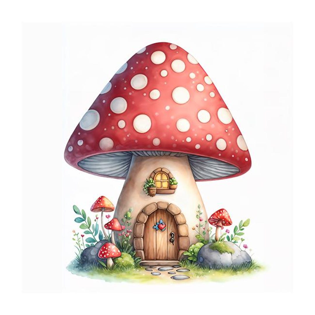 Watercolor Fairy Mushroom House Clip Art: Whimsical PNG Bundle (digital ...