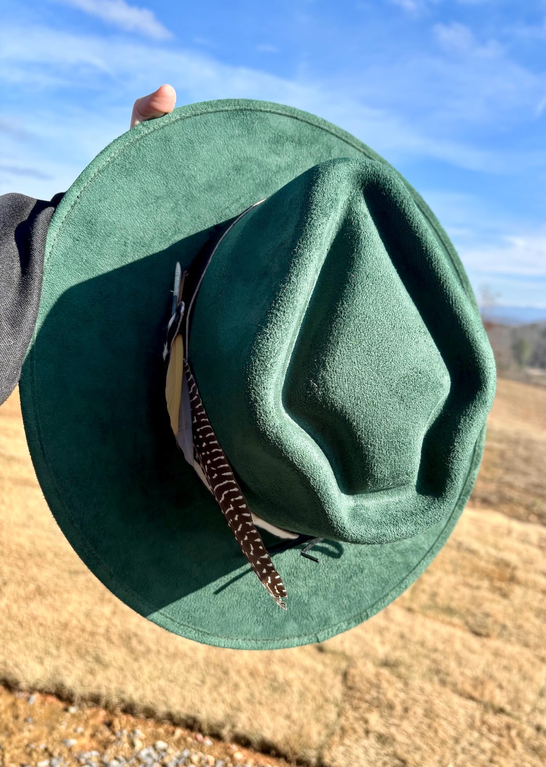 Emerald Green Arrow-shaped Fedora | Cowhide Hat Band | Feather Strap ...