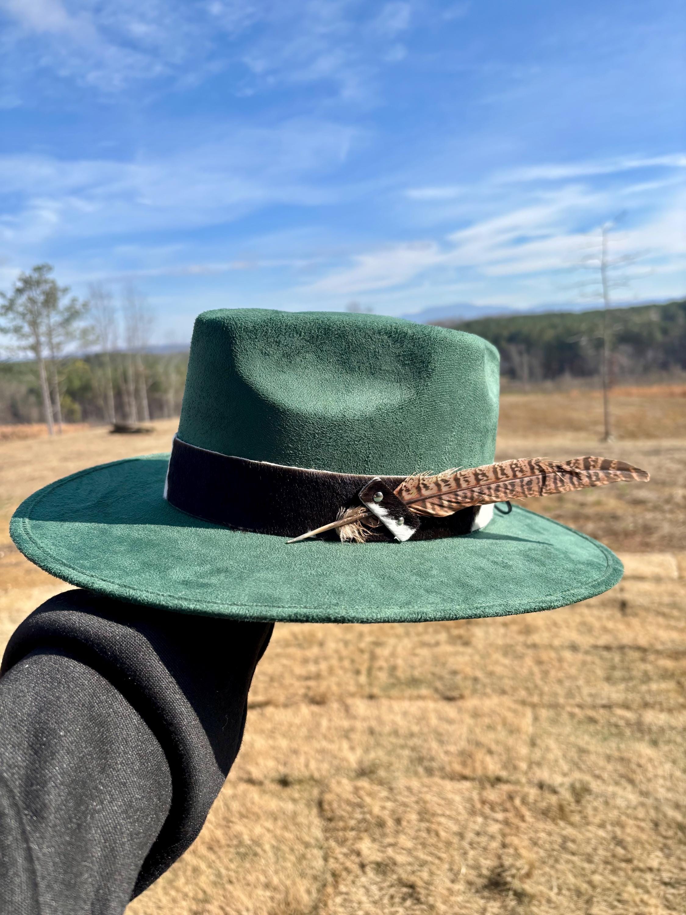 Emerald Green Arrow-shaped Fedora | Cowhide Hat Band | Feather Strap ...