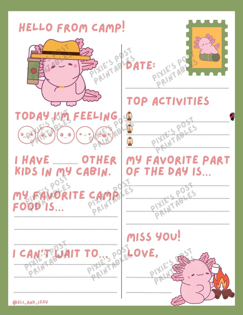 Printable Camp Letters Kit Printable Stationery for Kids - Axolotl ...
