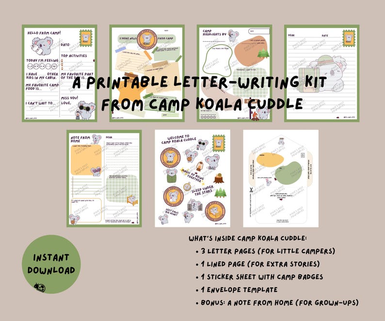 Camp Koala Cuddle Letters Kit - Printable Stationery for Kids - Koala ...