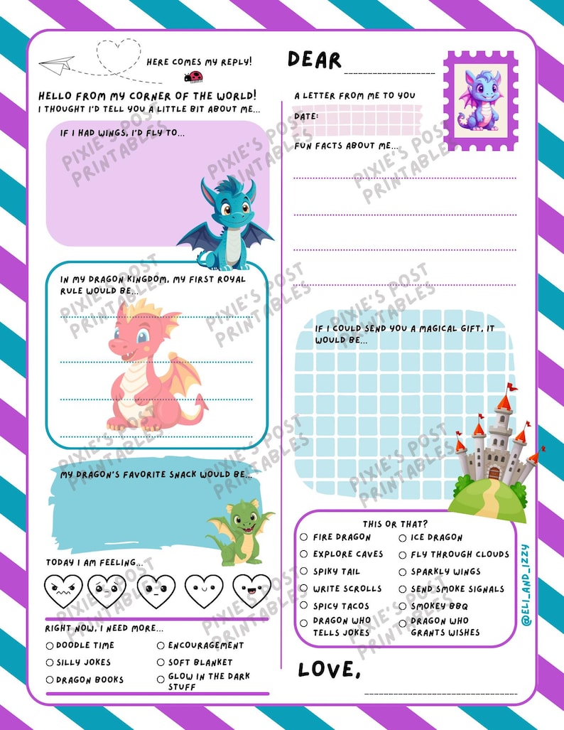 Printable Pen Pal Letter Kit – Dragon Themed Kids Stationery Set With ...