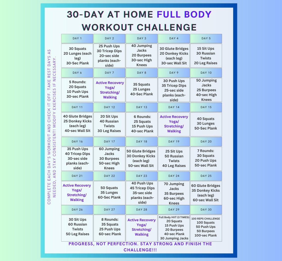 30 Day at Home Workout Challenge, Full Body Exercise Plan, Fitness ...