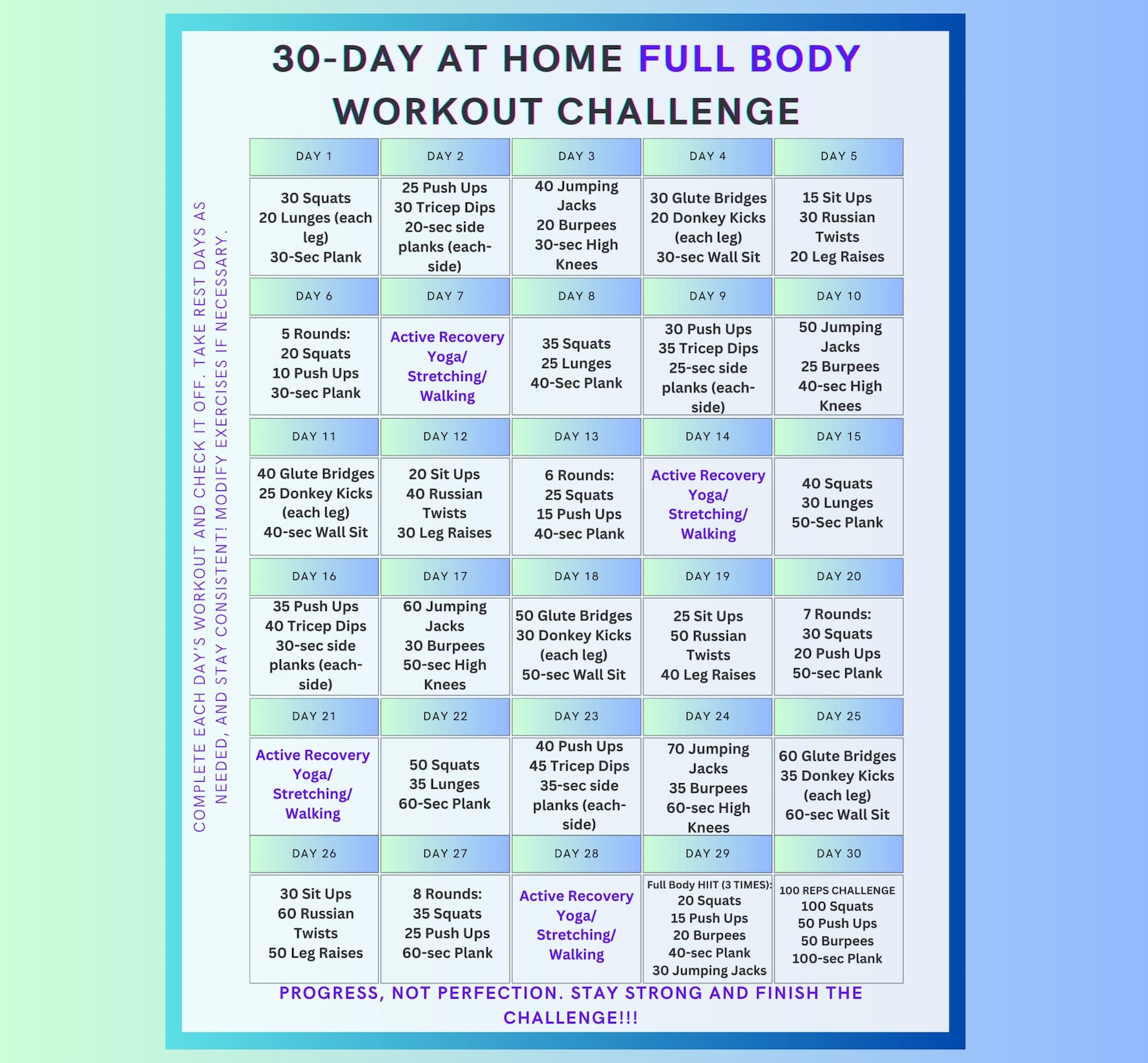 30 Day at Home Workout Challenge, Full Body Exercise Plan, Fitness ...
