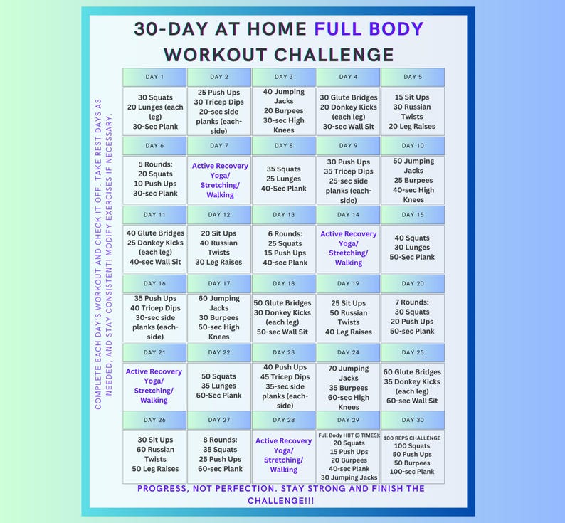30 Day at Home Workout Challenge, Full Body Exercise Plan, Fitness ...