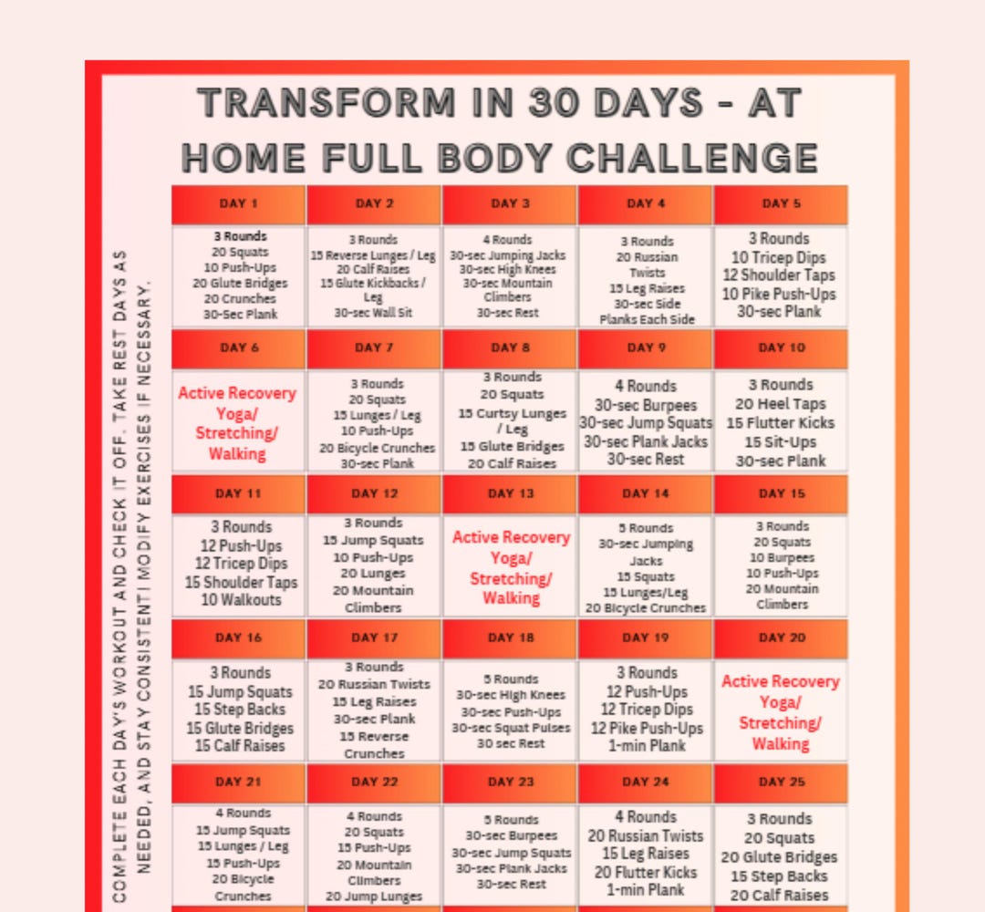 30 Day Home Workout Challenge: Full Body Fitness Plan - Etsy