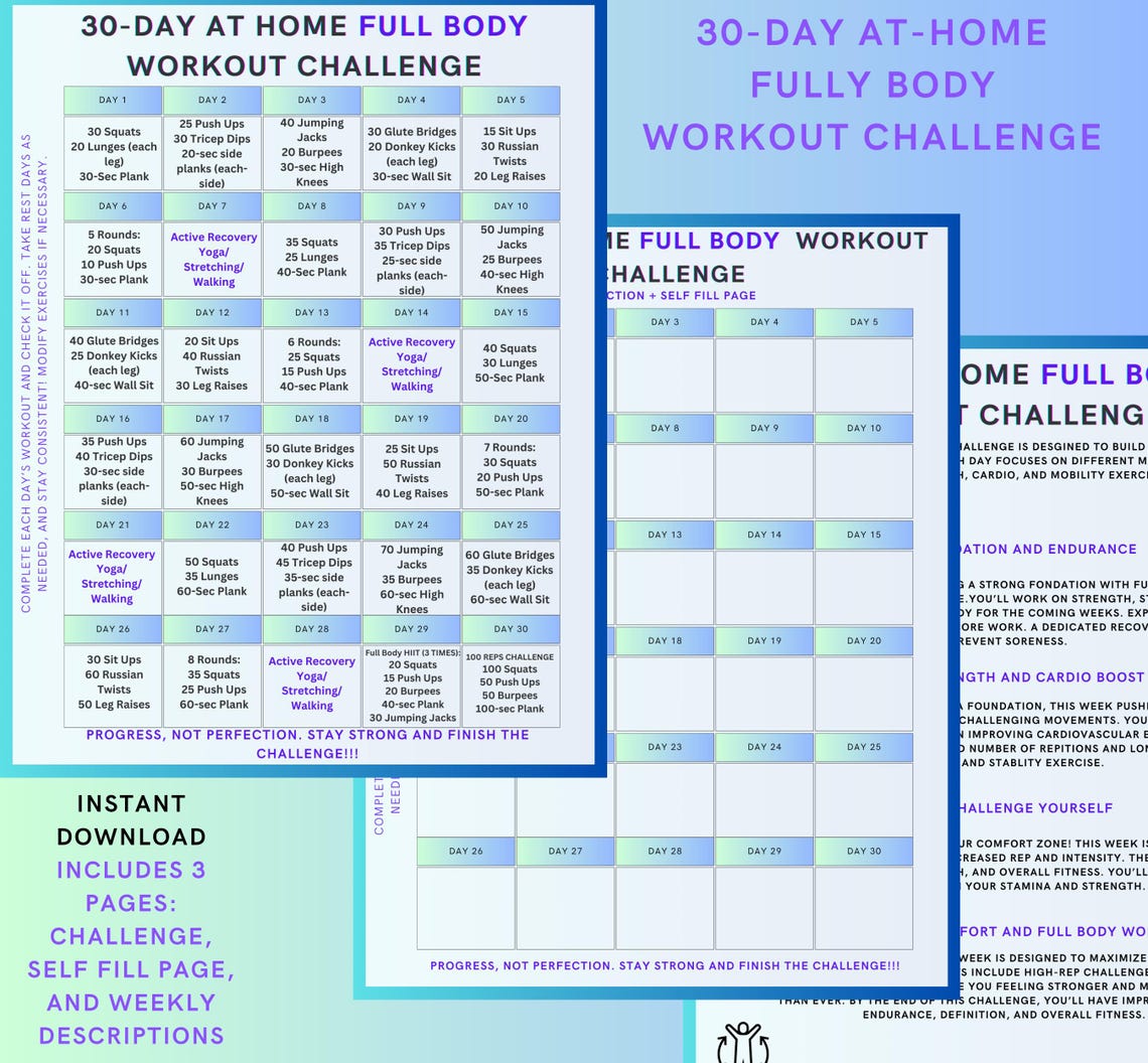 30 Day at Home Workout Challenge, Full Body Exercise Plan, Fitness ...