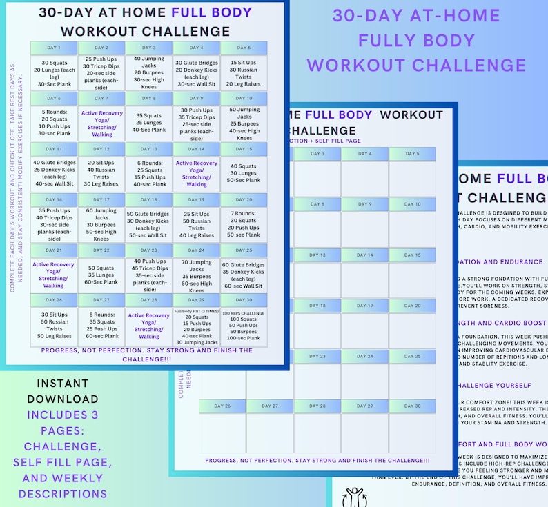 30 Day at Home Workout Challenge, Full Body Exercise Plan, Fitness ...