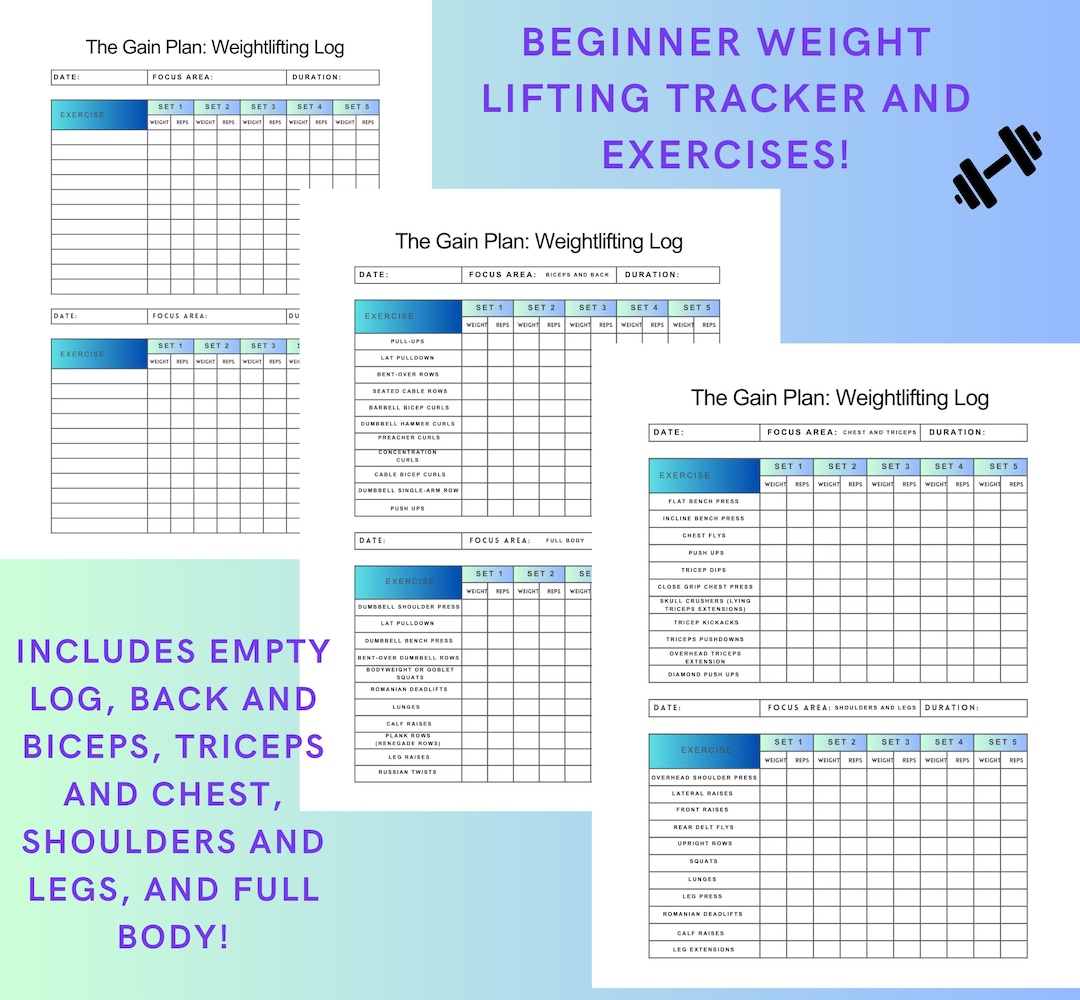 Beginner Weight Lifting Tracker and Exercises, Lifting Workout Guide, 4 ...