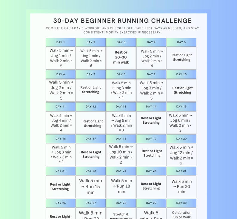 30 Day Beginner Running Challenge Printable | Walk to Run Program ...