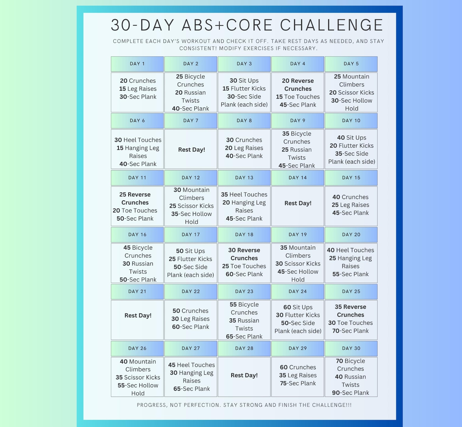 30 Day Ab Challenge Printable, Fitness Planner, Workout Guide, Exercise ...