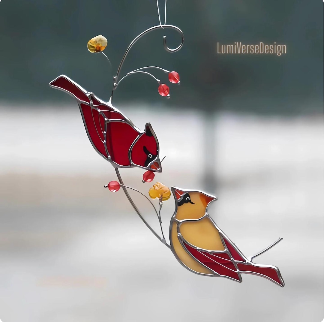 Red Cardinal Stained Glass Suncatcher, Custom Couple Cardinals Window ...
