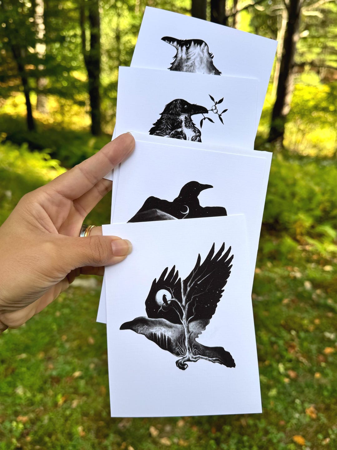 Set of 4 Linen Note Cards | Raven, Black Bird, Nature, Mystical | Blank ...