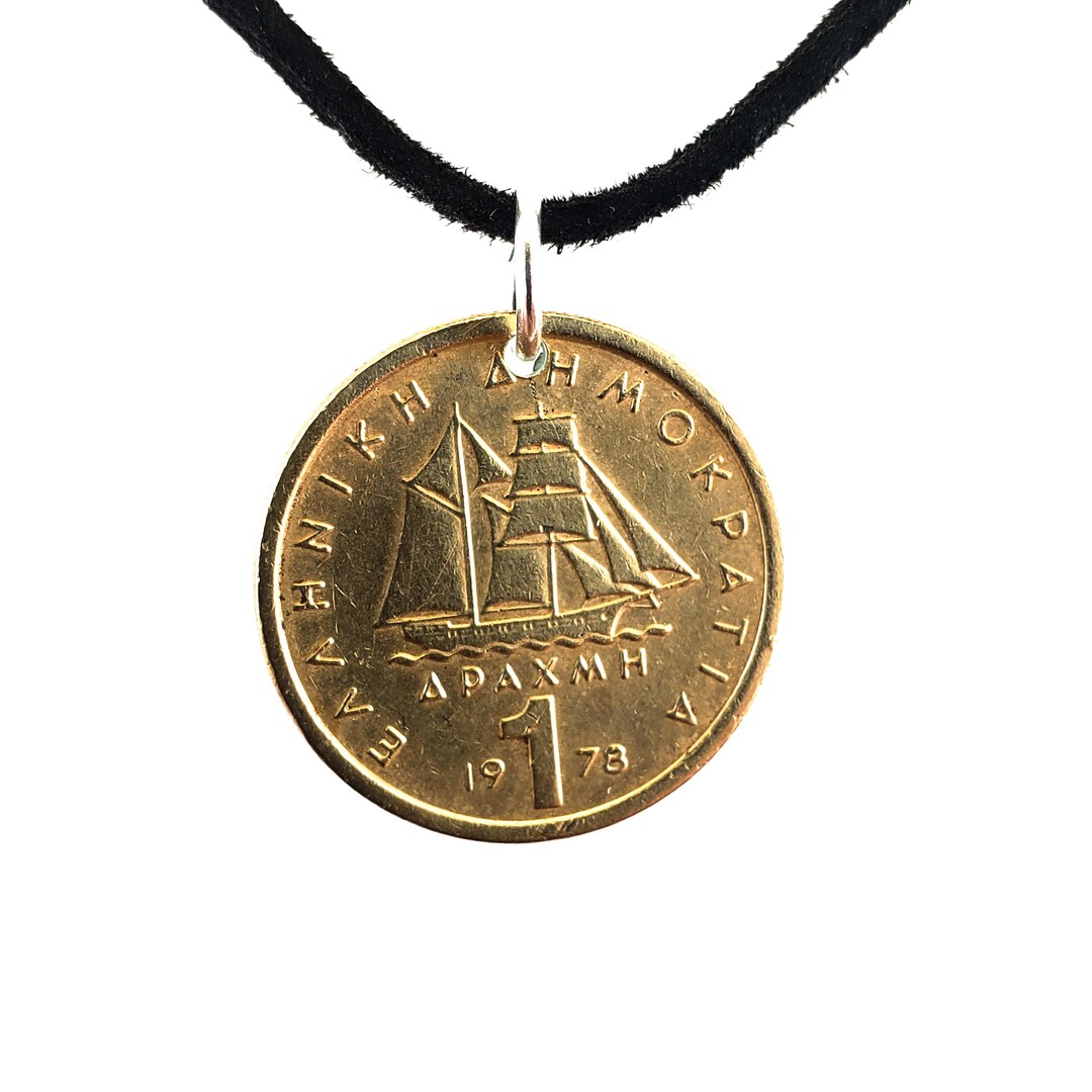 Boat Coin Necklace, Greek 1 Drachma, Coin Pendant, Leather Cord ...