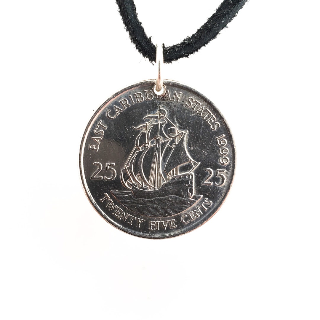 Boat Coin Necklace, Caribbean 25 Cents, Coin Pendant, Leather Cord, Men ...