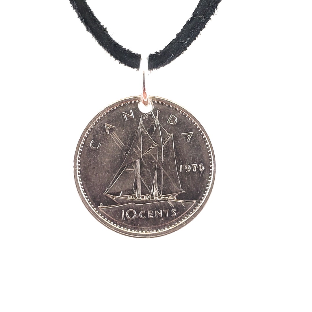 Boat Coin Necklace, Canadian 10 Cent, Coin Pendant, Leather Cord, Men's ...