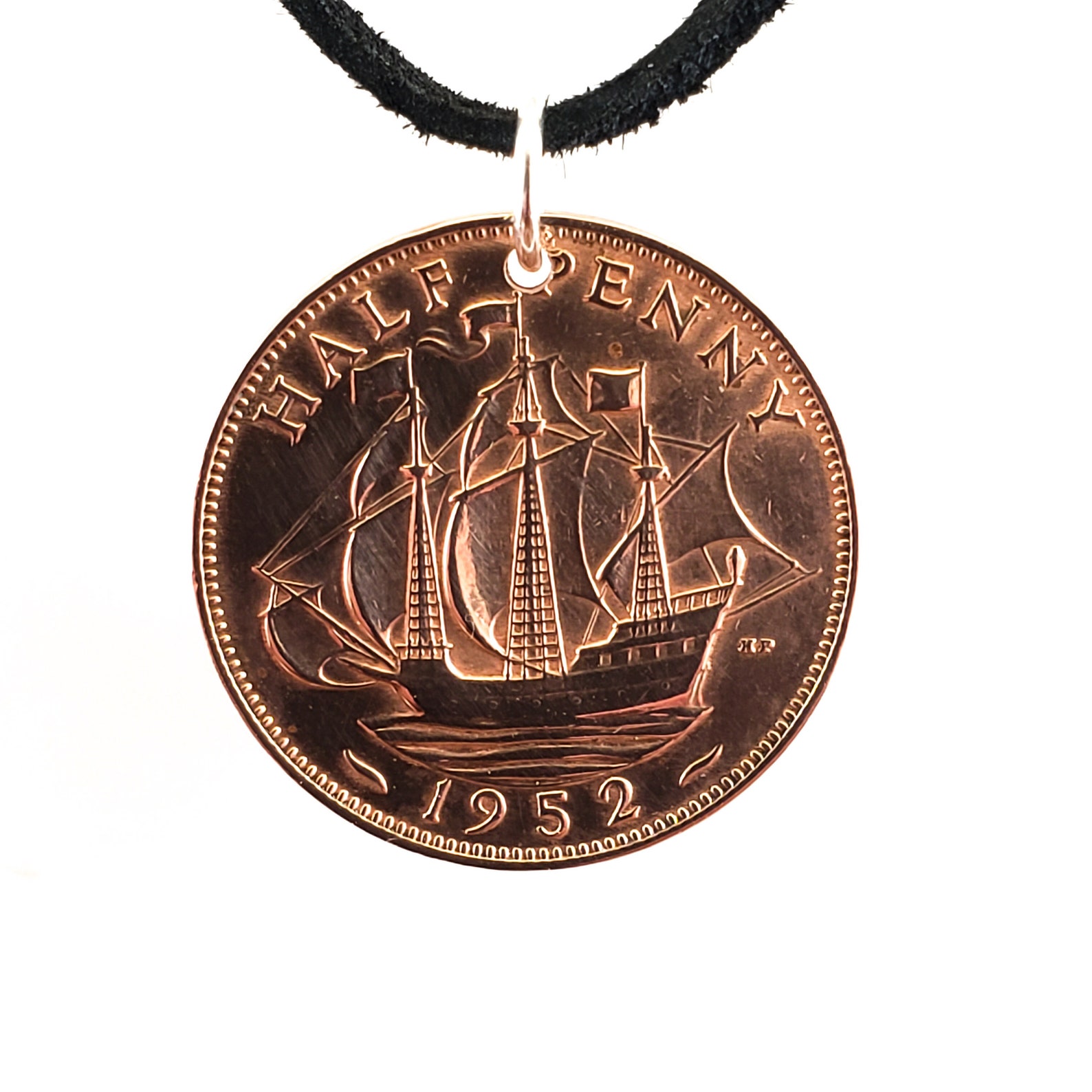 Boat Coin Necklace England 1/2 Penny Coin Pendant Leather | Etsy