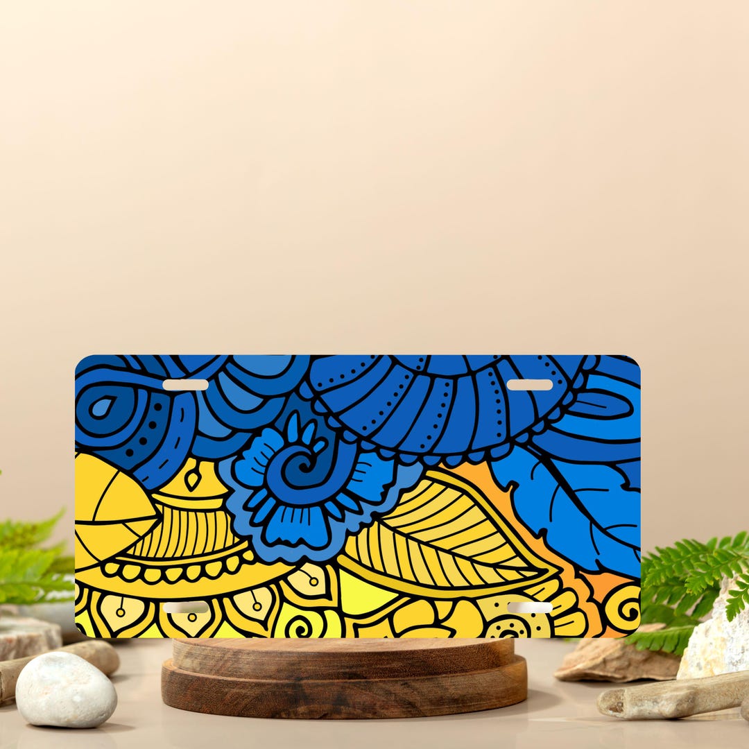 Ukrainian Flag Decorative License Plate, Blue and Yellow Floral Car Tag ...