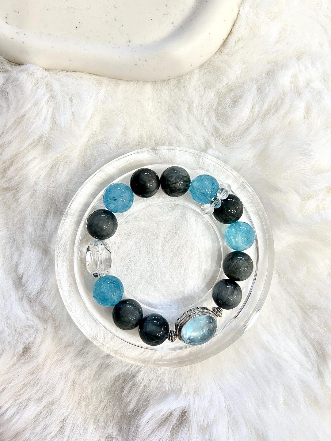 Natural Aquamarine Healing Crystal Bracelet Hawk Eye, Moonstone & Clear ...