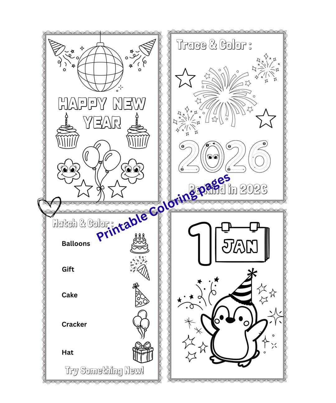 New Year Coloring Pages 2026, Kids New Year Activity Book, Printable ...