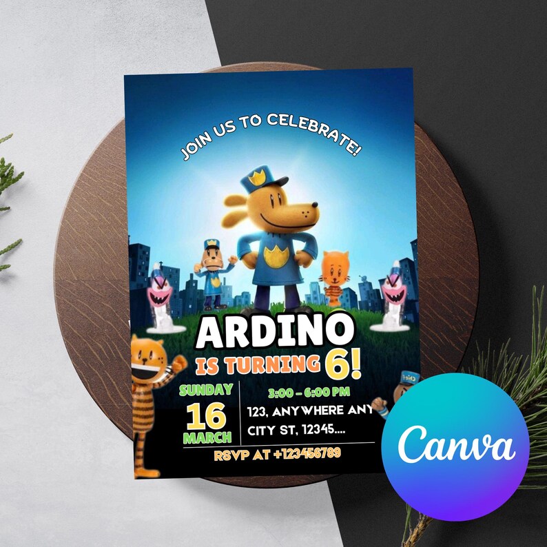Dog Man Birthday Invitation: Editable Kids Party Template (digital ...